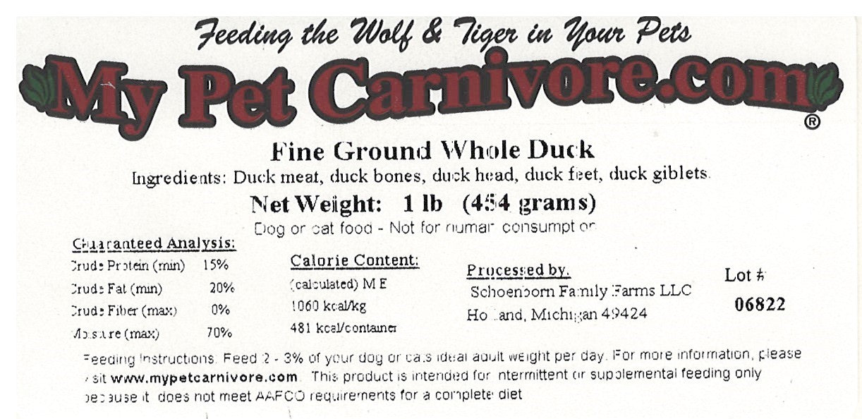 Fine Ground Whole Duck-1 LB. – My Pet Carnivore